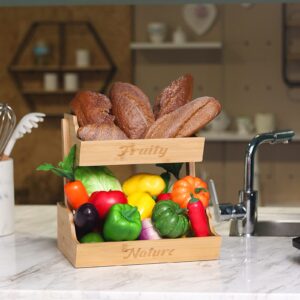 Lunavita 2 Tier Bamboo Fruit Basket, Fruit Stand, Large Fruit Vegetable Storage for Kitchen Countertop,Fruit Holder for Vegetables, Bread,Drinks, Snack Storage and Display