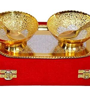 Handmade Designer Silver and Golden Color 1 Tray 2 Round Shaped Bowl Set And 2 Spoon Dry Fruit Bowl Set Diwali Christmas Festival Gifts