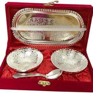 Handmade Designer Silver and Golden Color 1 Tray 2 Round Shaped Bowl Set And 2 Spoon Dry Fruit Bowl Set Diwali Christmas Festival Gifts