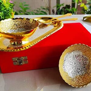 Handmade Designer Silver and Golden Color 1 Tray 2 Round Shaped Bowl Set And 2 Spoon Dry Fruit Bowl Set Diwali Christmas Festival Gifts