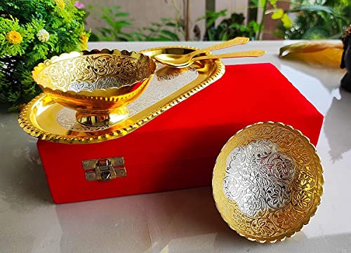 Handmade Designer Silver and Golden Color 1 Tray 2 Round Shaped Bowl Set And 2 Spoon Dry Fruit Bowl Set Diwali Christmas Festival Gifts