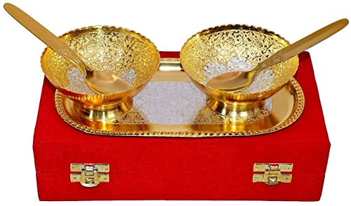 Handmade Designer Silver and Golden Color 1 Tray 2 Round Shaped Bowl Set And 2 Spoon Dry Fruit Bowl Set Diwali Christmas Festival Gifts