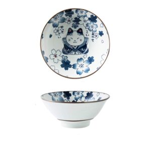 scau 7 inch cartoon lucky cat ceramic ramen bowl soup salad rice porcelain cute lucky cat cereal bowl japanese style set 2 gift blue round shape (cat-no2)