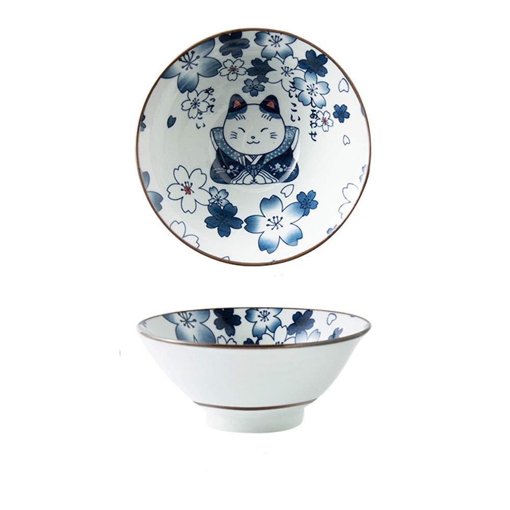 SCAU 7 Inch Cartoon Lucky Cat Ceramic Ramen Bowl Soup Salad Rice Porcelain cute Lucky Cat Cereal Bowl Japanese Style Set 2 gift blue Round shape (Cat-No2)