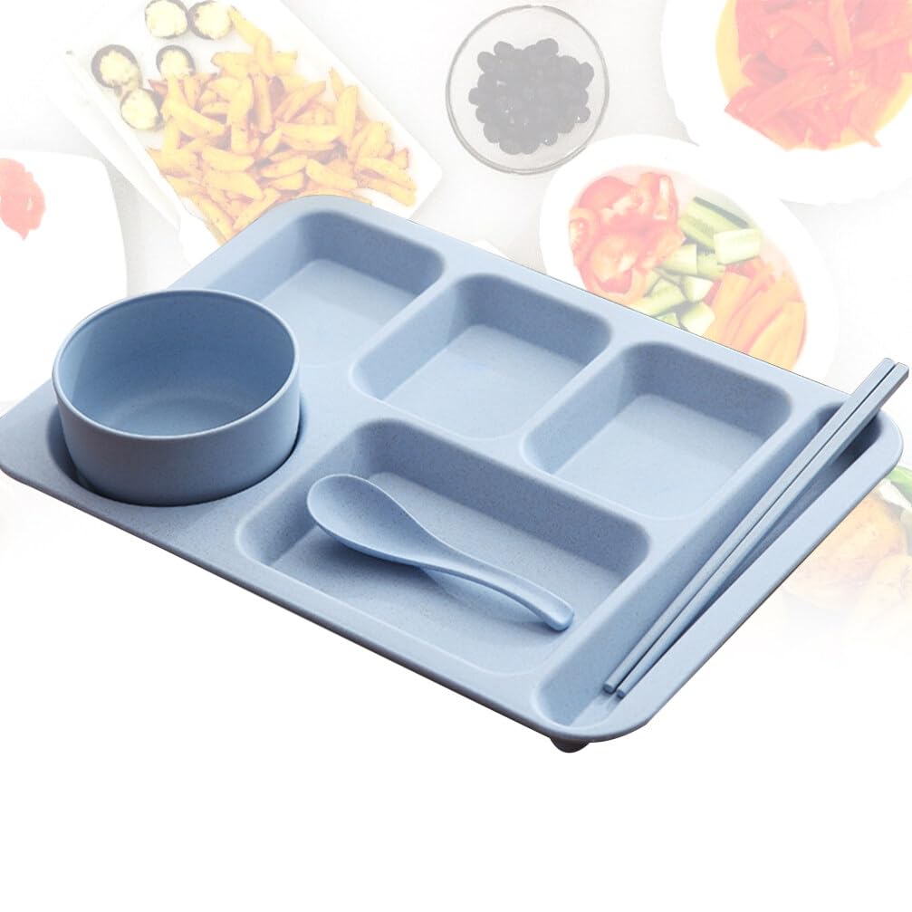 Cabilock Portion Control Plate Compartment Food Tray Set Divided Dinner Plate with Bowl Utensil Wheat Straw Separate Dinner Dish Restaurant Home Serving Food Plate Blue Plates Divided