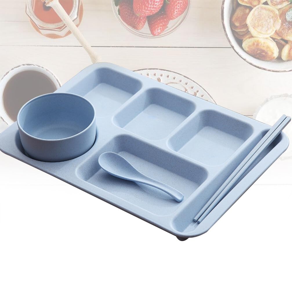 Cabilock Portion Control Plate Compartment Food Tray Set Divided Dinner Plate with Bowl Utensil Wheat Straw Separate Dinner Dish Restaurant Home Serving Food Plate Blue Plates Divided