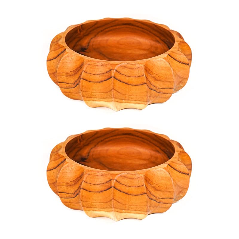 Rainforest Bowls Set of 2 7" Large Fluted Javanese Teak Wood Bowls- Perfect for Everyday Use, Hot & Cold Friendly, Ultra-Durable- Exclusive Luxury Wooden Bowl Design Handcrafted by Indonesian Artisans