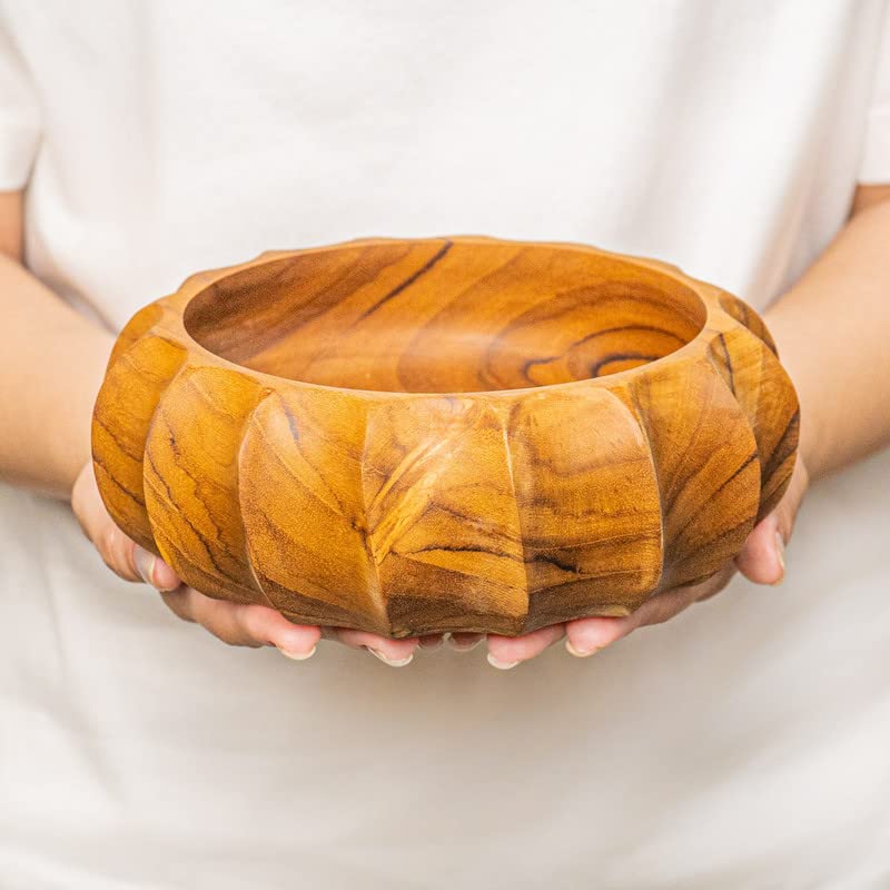 Rainforest Bowls Set of 2 7" Large Fluted Javanese Teak Wood Bowls- Perfect for Everyday Use, Hot & Cold Friendly, Ultra-Durable- Exclusive Luxury Wooden Bowl Design Handcrafted by Indonesian Artisans