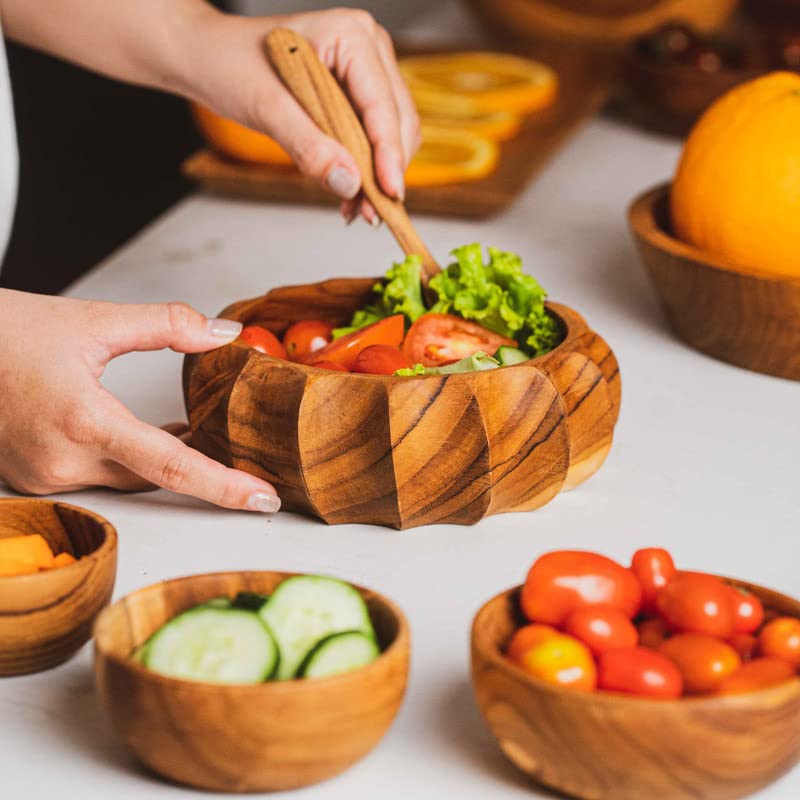 Rainforest Bowls Set of 2 7" Large Fluted Javanese Teak Wood Bowls- Perfect for Everyday Use, Hot & Cold Friendly, Ultra-Durable- Exclusive Luxury Wooden Bowl Design Handcrafted by Indonesian Artisans