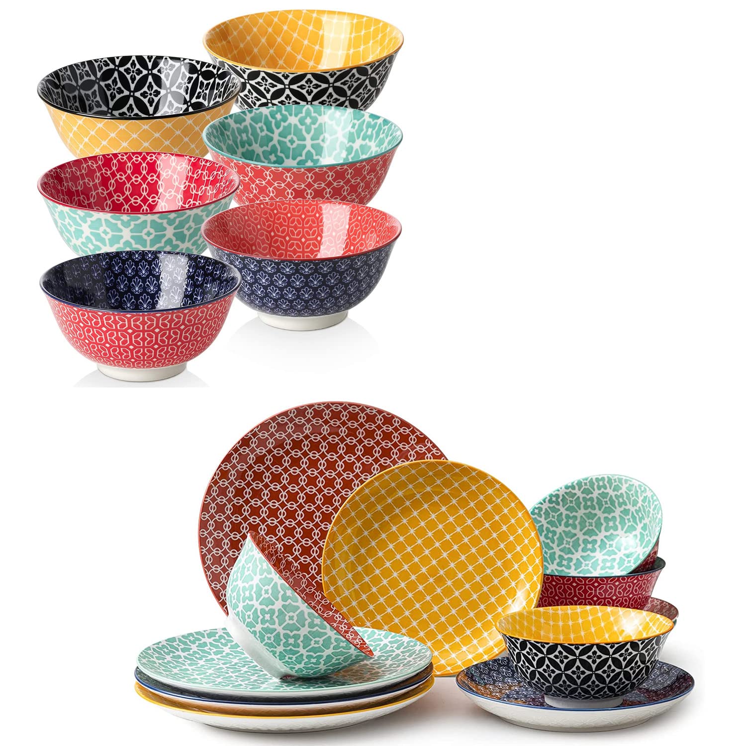 DOWAN 18 Piece Dish Set Include 4 Dinner Plates, 4 Salad Plates, 4 Cereal Bowls, 6 Soup Bowls