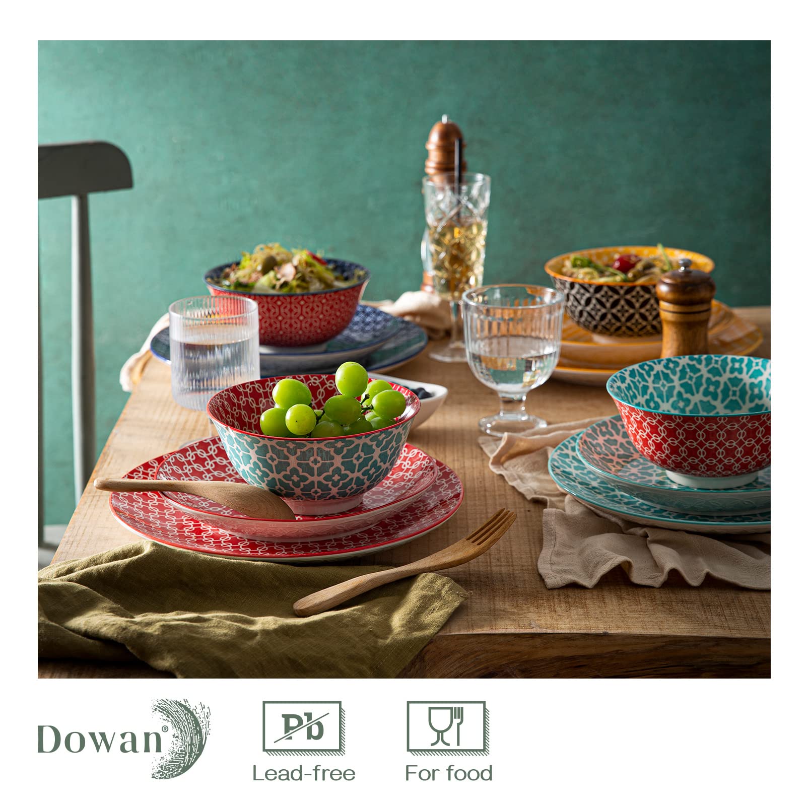 DOWAN 18 Piece Dish Set Include 4 Dinner Plates, 4 Salad Plates, 4 Cereal Bowls, 6 Soup Bowls