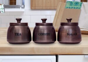 cattle design coffee sugar tea canister set of 3 - galvanized metal - beautiful fancy elegant decorative food storage jars perfect for farmhouse countertop kitchen décor - 5 inch - copper antique