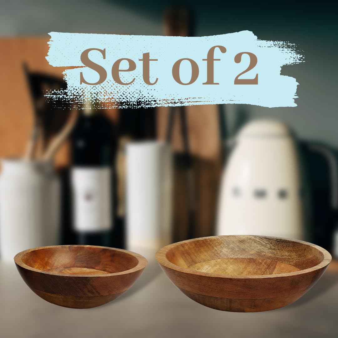 Wooden Bowl For Eating - Wood Popcorn, Salad, Nuts, Pasta, Desert, Soup, Candy Bowl - Farmhouse Decorative - Food Safe - Natural Wood - Set of 2 Bowls (10 inch & 8 inch) - Made In India