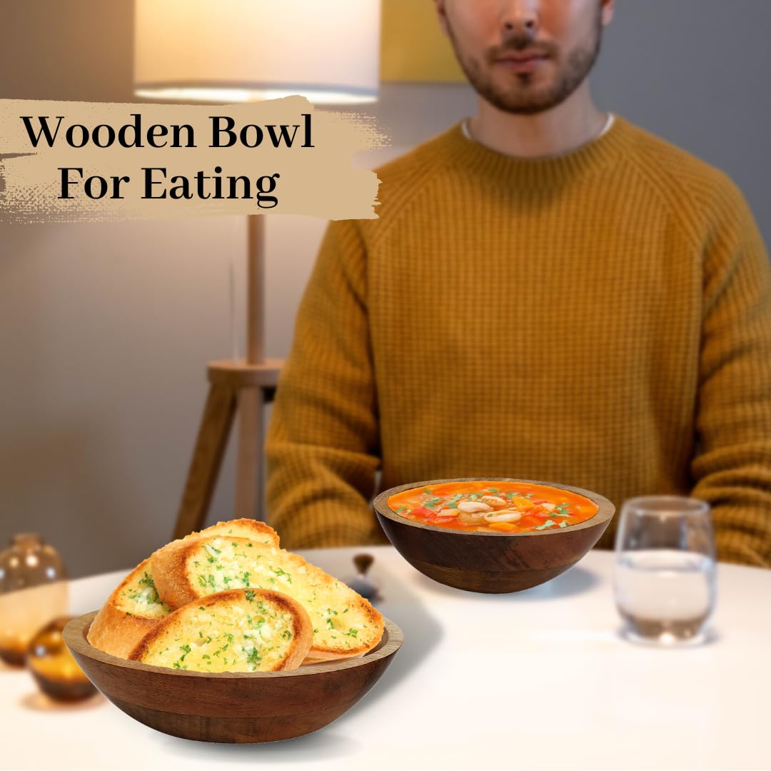 Wooden Bowl For Eating - Wood Popcorn, Salad, Nuts, Pasta, Desert, Soup, Candy Bowl - Farmhouse Decorative - Food Safe - Natural Wood - Set of 2 Bowls (10 inch & 8 inch) - Made In India