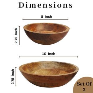 Wooden Bowl For Eating - Wood Popcorn, Salad, Nuts, Pasta, Desert, Soup, Candy Bowl - Farmhouse Decorative - Food Safe - Natural Wood - Set of 2 Bowls (10 inch & 8 inch) - Made In India