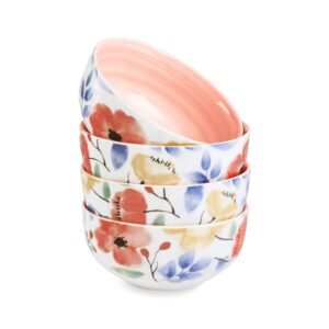 fanquare 24oz vintage floral salad bowls set of 4, pink porcelain ramen bowls, kitchen serving bowls, 6" cereal bowls