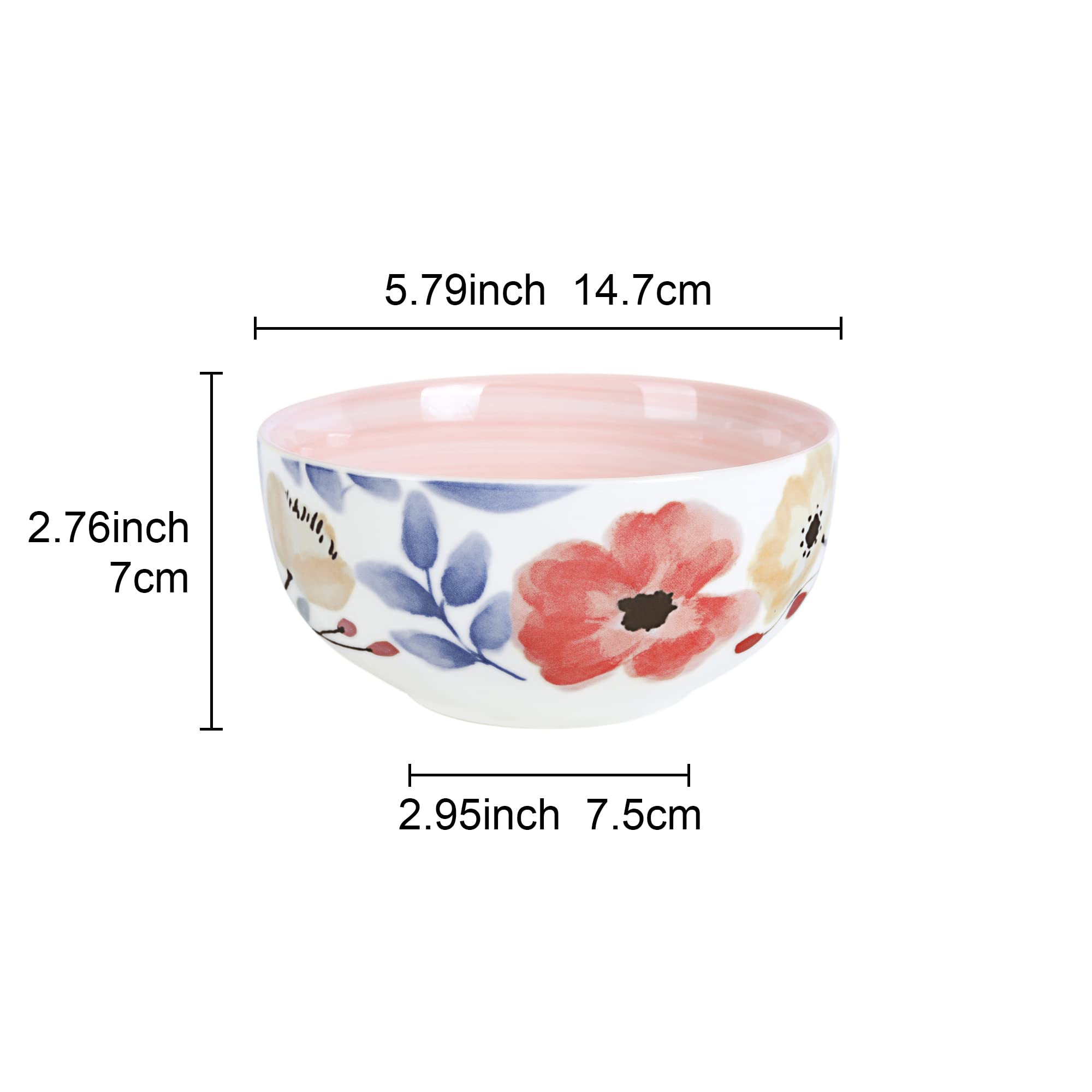 fanquare 24oz Vintage Floral Salad Bowls Set of 4, Pink Porcelain Ramen Bowls, Kitchen Serving Bowls, 6" Cereal Bowls