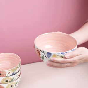 fanquare 24oz Vintage Floral Salad Bowls Set of 4, Pink Porcelain Ramen Bowls, Kitchen Serving Bowls, 6" Cereal Bowls