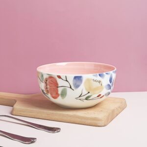 fanquare 24oz Vintage Floral Salad Bowls Set of 4, Pink Porcelain Ramen Bowls, Kitchen Serving Bowls, 6" Cereal Bowls