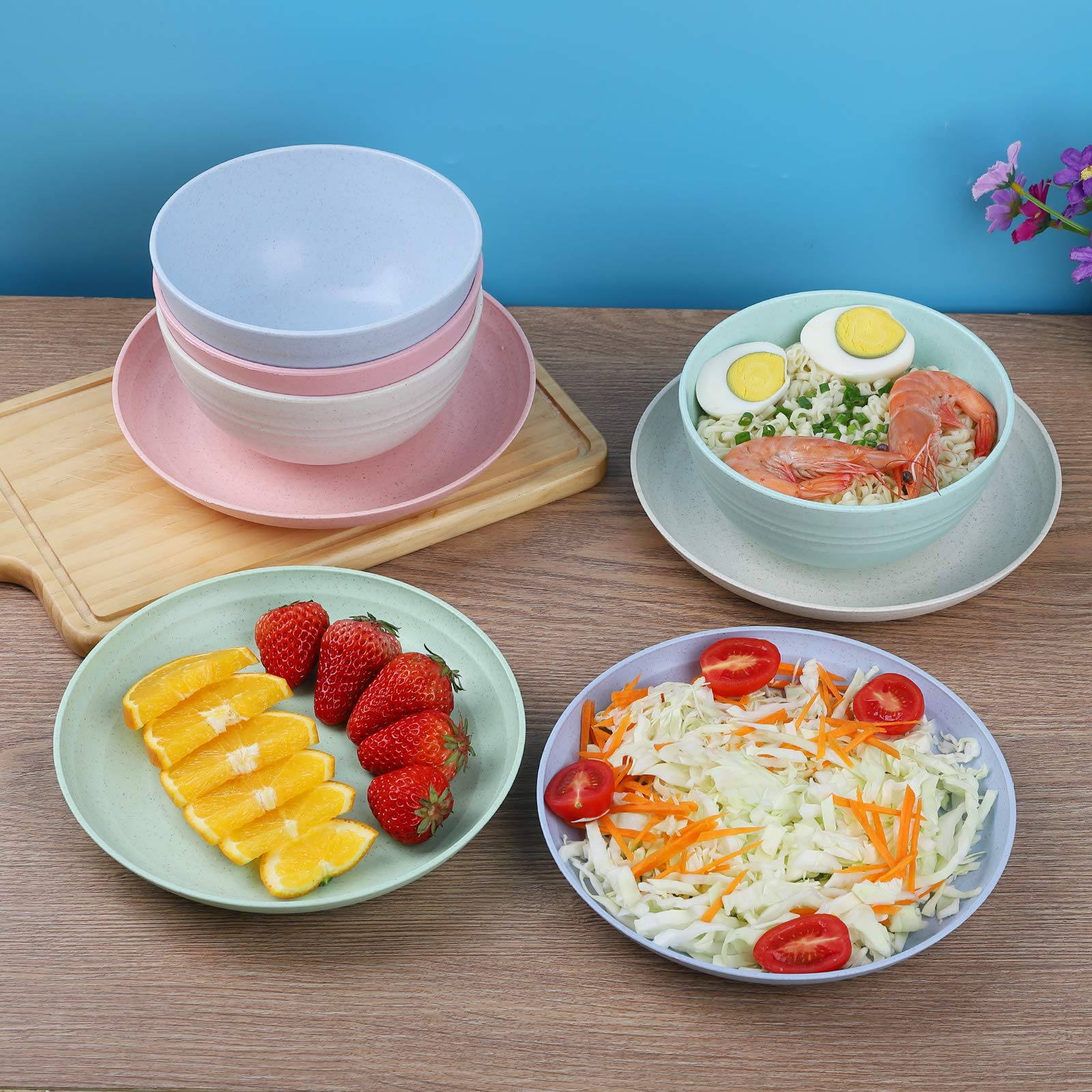 Wheat Straw Dinnerware Set Unbreakable Lightweight Cereal Plates and Bowls Sets Microwave Dishwasher Safe Reusable Eco Friendly Tableware for Kids Adults, Service for 4