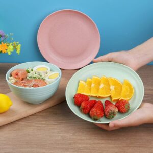 Wheat Straw Dinnerware Set Unbreakable Lightweight Cereal Plates and Bowls Sets Microwave Dishwasher Safe Reusable Eco Friendly Tableware for Kids Adults, Service for 4