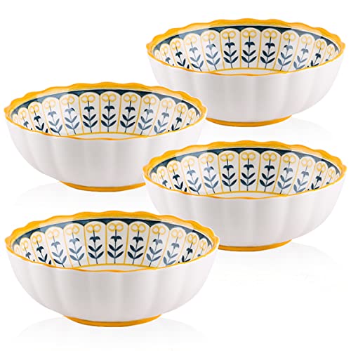 bozopion 22 oz Ceramic Soup Bowls,Set of 4,Wavy Rim Pattern Porcelain Bowls for Kitchen,White Blue and Yellow Cereal Bowls