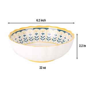 bozopion 22 oz Ceramic Soup Bowls,Set of 4,Wavy Rim Pattern Porcelain Bowls for Kitchen,White Blue and Yellow Cereal Bowls