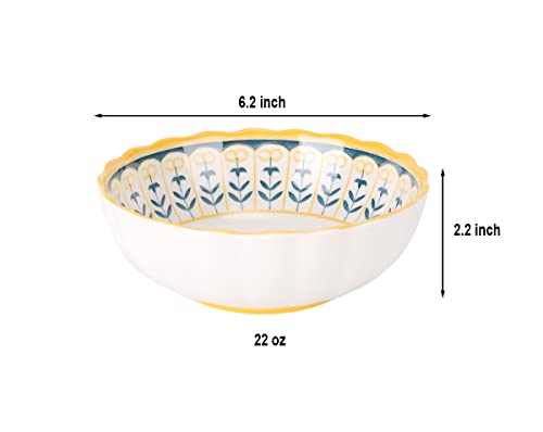 bozopion 22 oz Ceramic Soup Bowls,Set of 4,Wavy Rim Pattern Porcelain Bowls for Kitchen,White Blue and Yellow Cereal Bowls