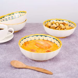 bozopion 22 oz Ceramic Soup Bowls,Set of 4,Wavy Rim Pattern Porcelain Bowls for Kitchen,White Blue and Yellow Cereal Bowls