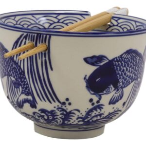 Ebros Ming Style Zen Blue White Koi Fishes By Waterfall Ramen Udong Noodles 5" Diameter Bowl With Built In Chopsticks Rest and Bamboo Chopstick Set for Dining Soup Rice Meal Cereal Bowls Decor Kitchen