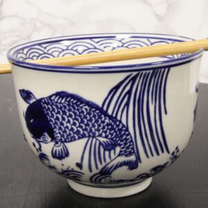 Ebros Ming Style Zen Blue White Koi Fishes By Waterfall Ramen Udong Noodles 5" Diameter Bowl With Built In Chopsticks Rest and Bamboo Chopstick Set for Dining Soup Rice Meal Cereal Bowls Decor Kitchen