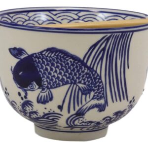 Ebros Ming Style Zen Blue White Koi Fishes By Waterfall Ramen Udong Noodles 5" Diameter Bowl With Built In Chopsticks Rest and Bamboo Chopstick Set for Dining Soup Rice Meal Cereal Bowls Decor Kitchen