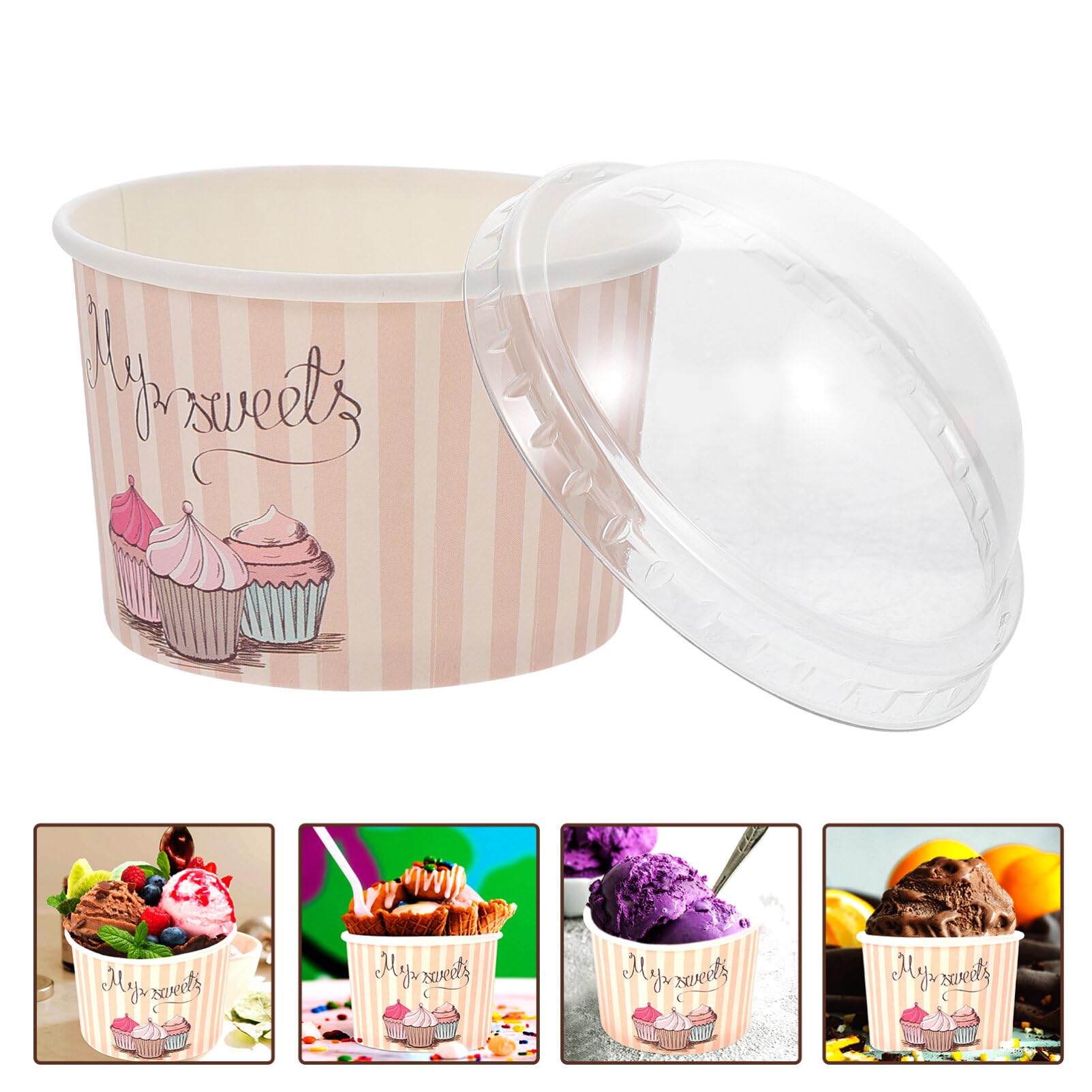 Cabilock Bowls Container 50 Sets Disposable Yogurt Bowl Paper Ice Cream Cups Bowls Lidded Cake Cake