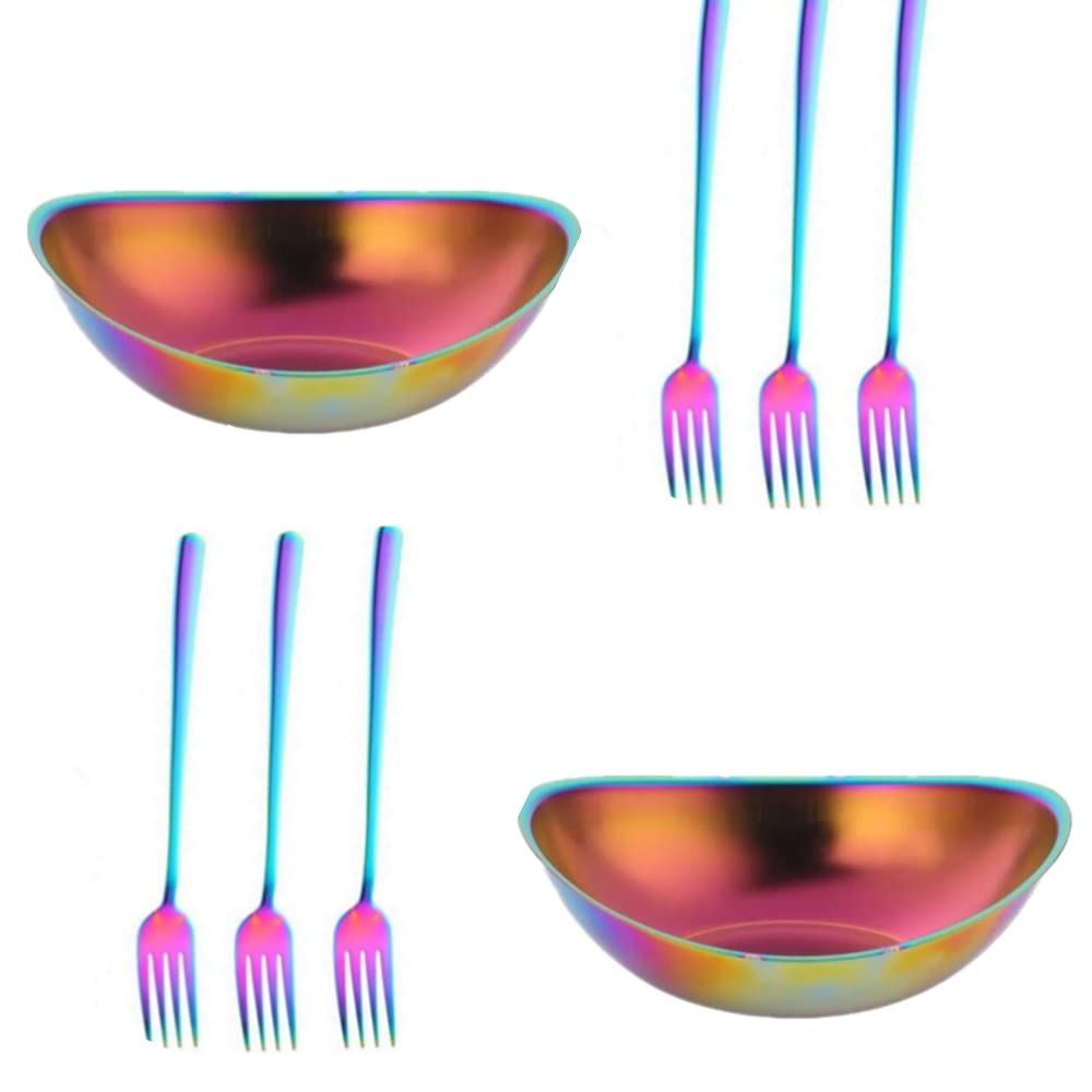 JYJFGSFA Rainbow Metal Salad Bowl and Fork Set, Reusable 304 Stainless Steel Large Serving Snack Bowl Sets for Pasta, Cereal, Popcorn, Snack, Easy To Clean and Dishwasher Safe