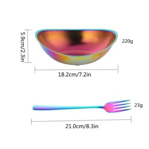 JYJFGSFA Rainbow Metal Salad Bowl and Fork Set, Reusable 304 Stainless Steel Large Serving Snack Bowl Sets for Pasta, Cereal, Popcorn, Snack, Easy To Clean and Dishwasher Safe