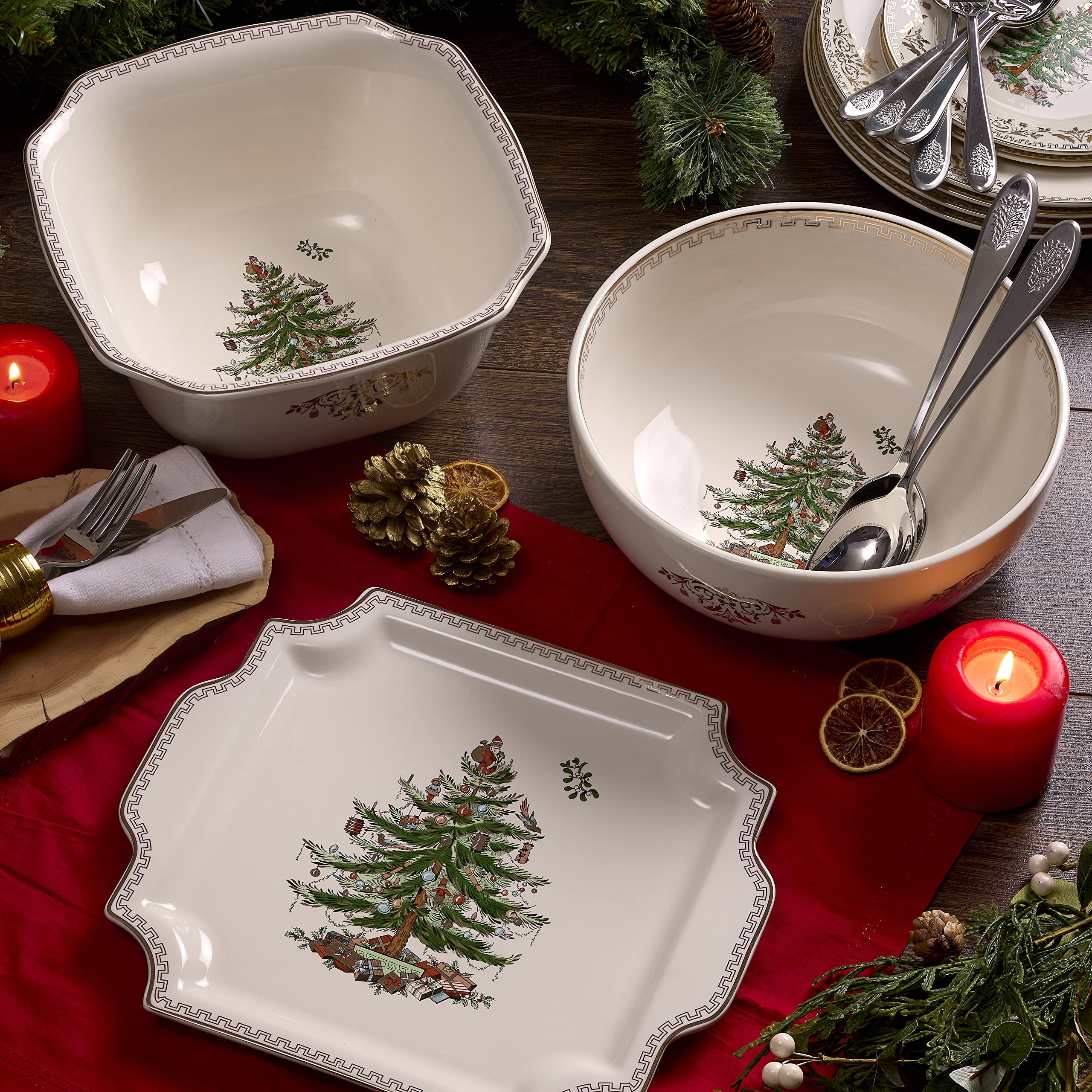 Spode Christmas Tree Gold Large Round Bowl | Serving Salad, Pasta, and Side Dishes | Measures 10-Inches | Holiday Serving Dishes | Dishwasher and Microwave Safe