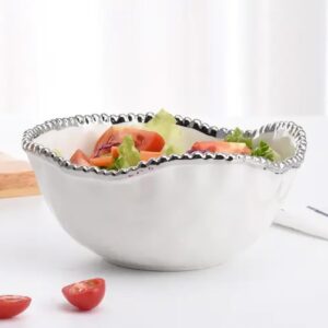 Pampa Bay Salerno Porcelain Salad Serving Bowl with Titanium-Plated Beaded Rim, Medium, White/Silver