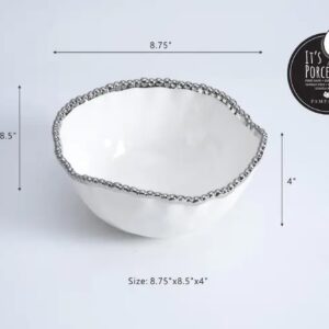 Pampa Bay Salerno Porcelain Salad Serving Bowl with Titanium-Plated Beaded Rim, Medium, White/Silver