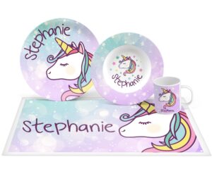 kids personalized plate set - unicorn - personalized dinnerware set, unicorn personalized plate, bowl, placemat, mug - choose your pieces