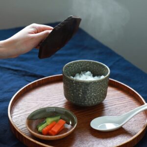 Asayu Japan Ceramic Teal Rice Bowl with Wooden Lid and White Spoon Set, Individual Pottery Bowl Set for Rice, Noodle, Cereal, Porridge, Soba, Ramen, Donburi, Soup