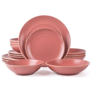 arora ringar round stoneware 16pc double bowl dinnerware set for 4, dinner plates, side plates, cereal bowls, pasta bowls - speckle matte red (395438)