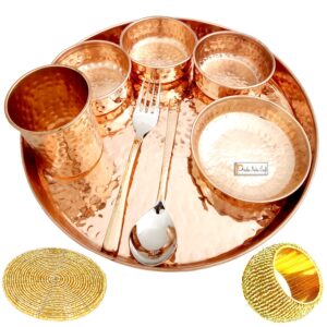 prisha india craft pure copper thali set of plate, bowl, spoon, fork, glass, 12-inch