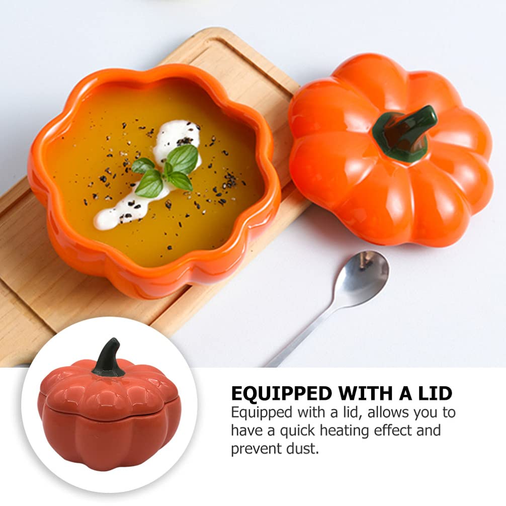 Yardwe Ceramic Pumpkin Soup Bowl with Lid Christmas Porcelain Pumpkin Shape Sugar Bowl Storage Jar Seasoning Pot Kitchen Gadget Steamed Can Bowl Orange