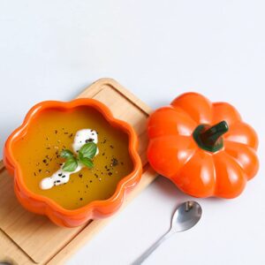 Yardwe Ceramic Pumpkin Soup Bowl with Lid Christmas Porcelain Pumpkin Shape Sugar Bowl Storage Jar Seasoning Pot Kitchen Gadget Steamed Can Bowl Orange