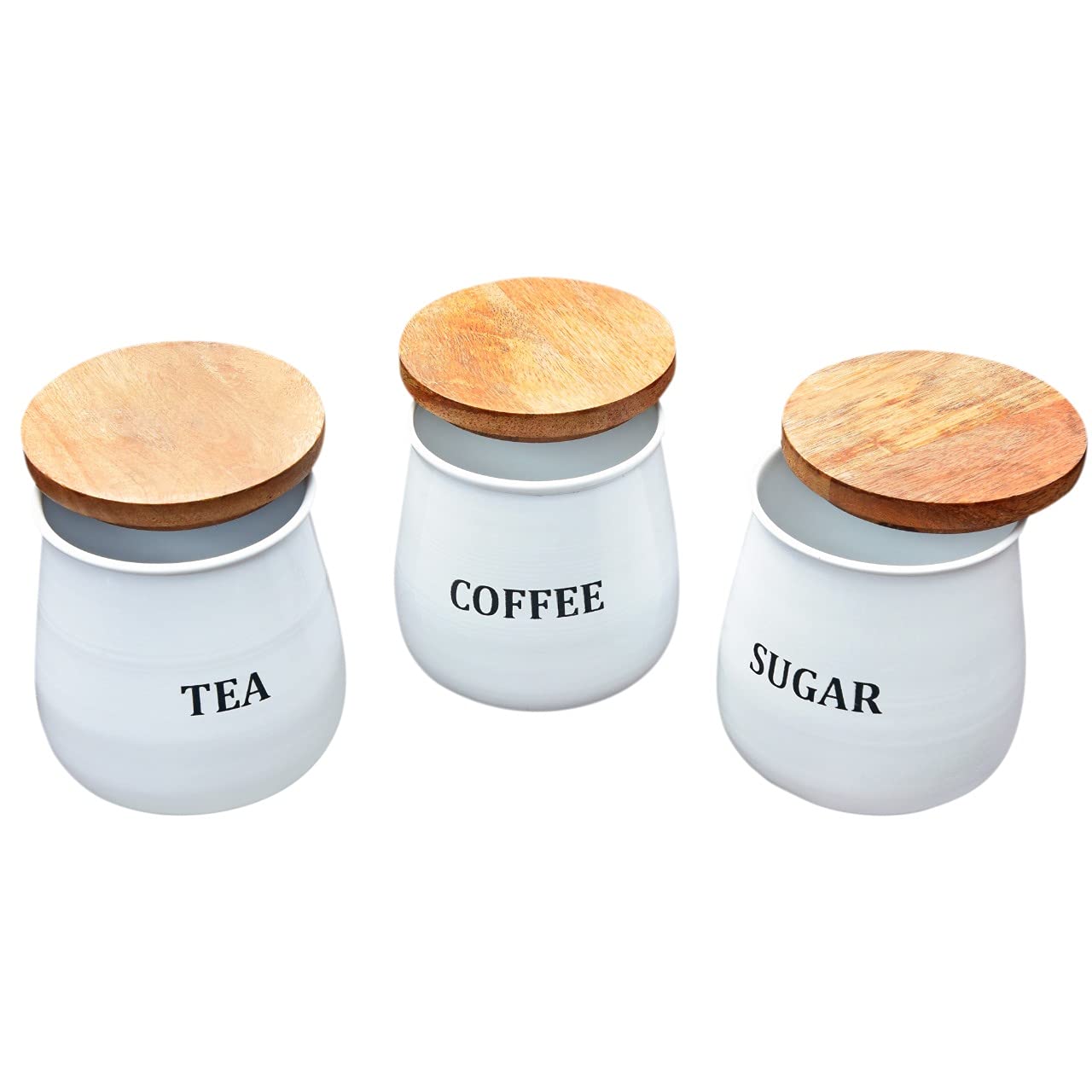 White Coffee Sugar Tea Canister Set of 3 - Galvanized Metal Container With Wooden Lid - Beautiful Fancy Elegant Decorative Food Storage Jars Perfect for Farmhouse Kitchen Décor Restaurant - 4.25 Inch