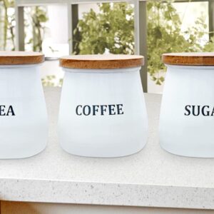 White Coffee Sugar Tea Canister Set of 3 - Galvanized Metal Container With Wooden Lid - Beautiful Fancy Elegant Decorative Food Storage Jars Perfect for Farmhouse Kitchen Décor Restaurant - 4.25 Inch