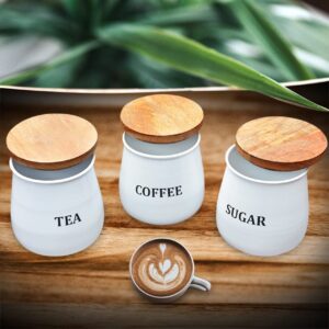 White Coffee Sugar Tea Canister Set of 3 - Galvanized Metal Container With Wooden Lid - Beautiful Fancy Elegant Decorative Food Storage Jars Perfect for Farmhouse Kitchen Décor Restaurant - 4.25 Inch