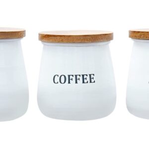 White Coffee Sugar Tea Canister Set of 3 - Galvanized Metal Container With Wooden Lid - Beautiful Fancy Elegant Decorative Food Storage Jars Perfect for Farmhouse Kitchen Décor Restaurant - 4.25 Inch