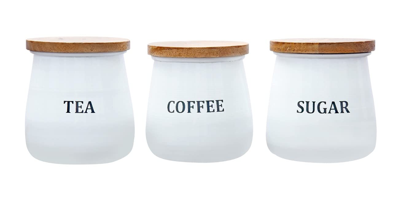 White Coffee Sugar Tea Canister Set of 3 - Galvanized Metal Container With Wooden Lid - Beautiful Fancy Elegant Decorative Food Storage Jars Perfect for Farmhouse Kitchen Décor Restaurant - 4.25 Inch