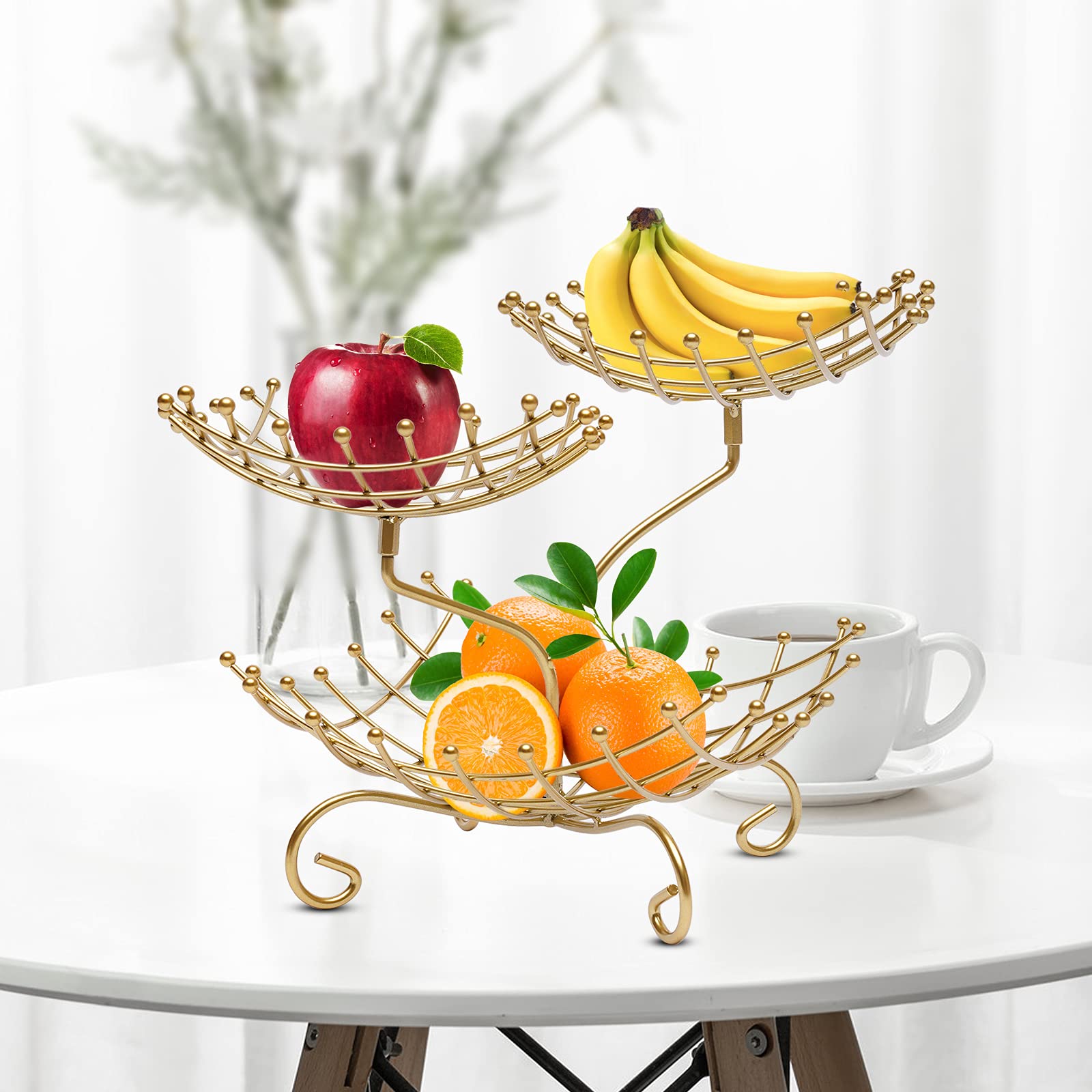 PIOJNYEN 3 Tier Metal Fruit Bowl, Fruit Tray Stand Wire, Fruit Storage Basket, Fruit Stand, Vegetable Serving Bowls,Fruit Basket Holder,Fruit Storage Bowls for Kitchen Counter Organizer